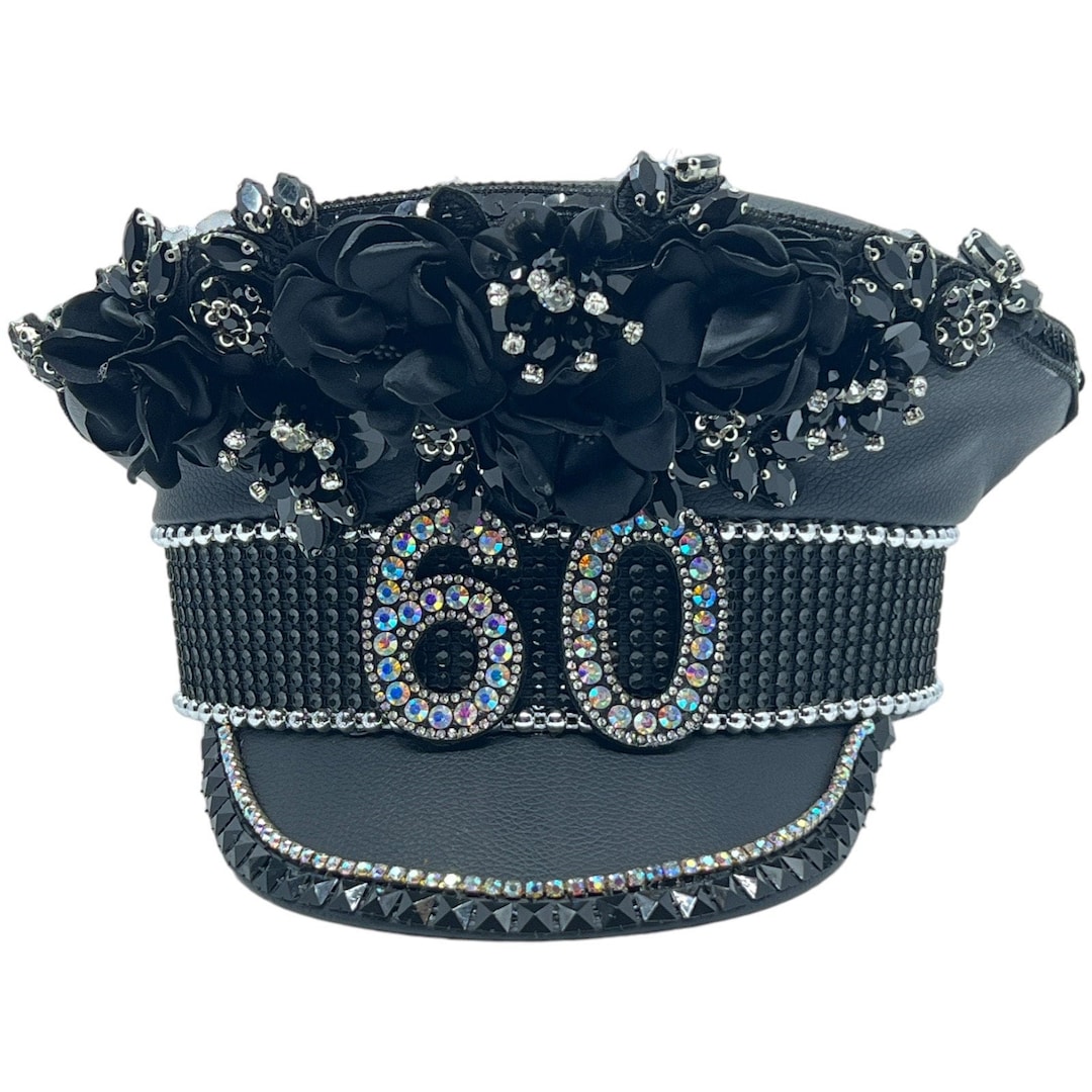 60th Birthday Captain Hat: Black Sequin Flower Party Hat - Etsy UK
