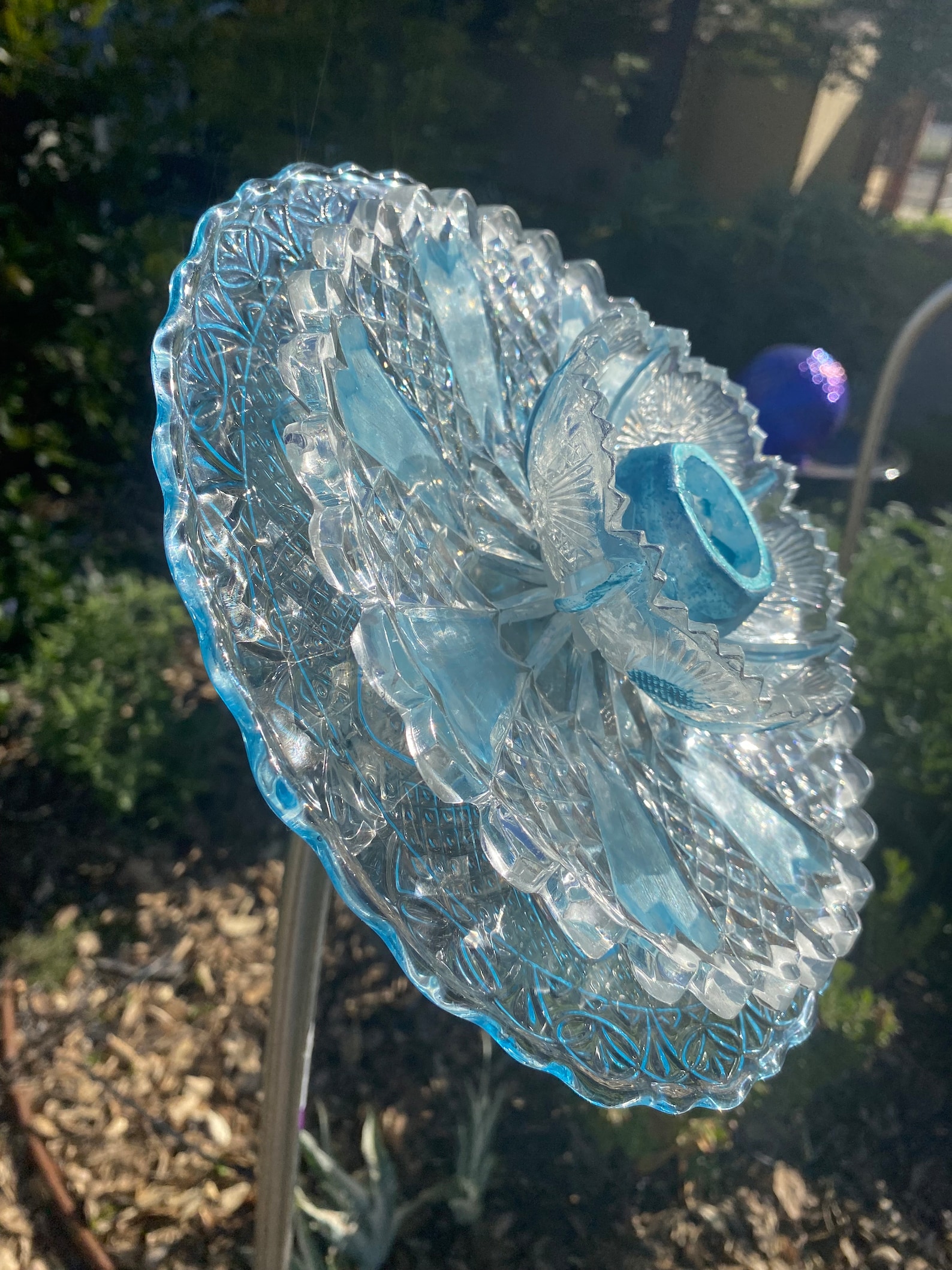 Yard Art, Glass Flowers, Outdoor Decor, Glass Garden Art, Glass Plate ...