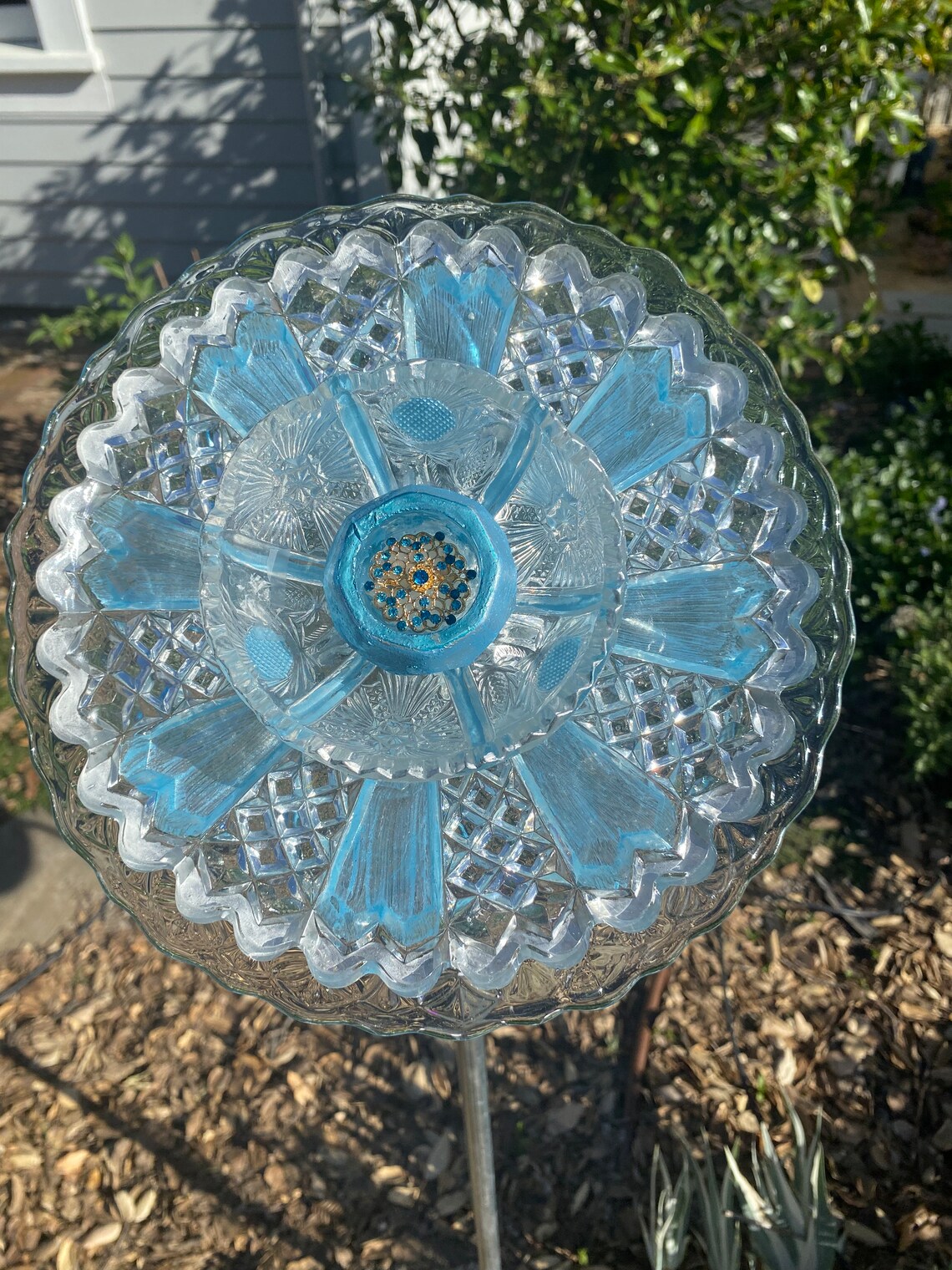 Yard Art, Glass Flowers, Outdoor Decor, Glass Garden Art, Glass Plate ...