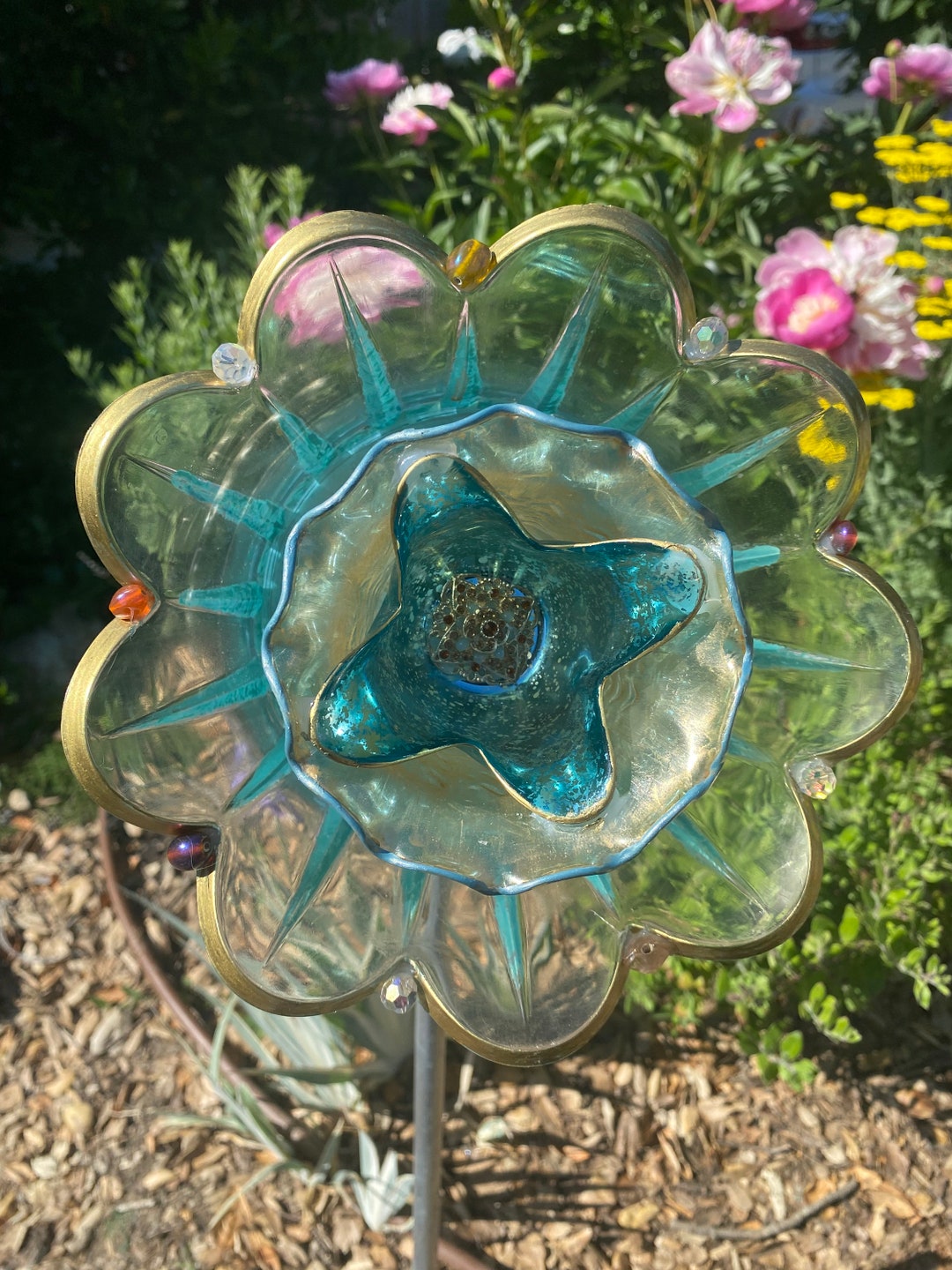 Yard Art, Glass Flowers, Outdoor Decor, Glass Garden Art, Glass Plate ...