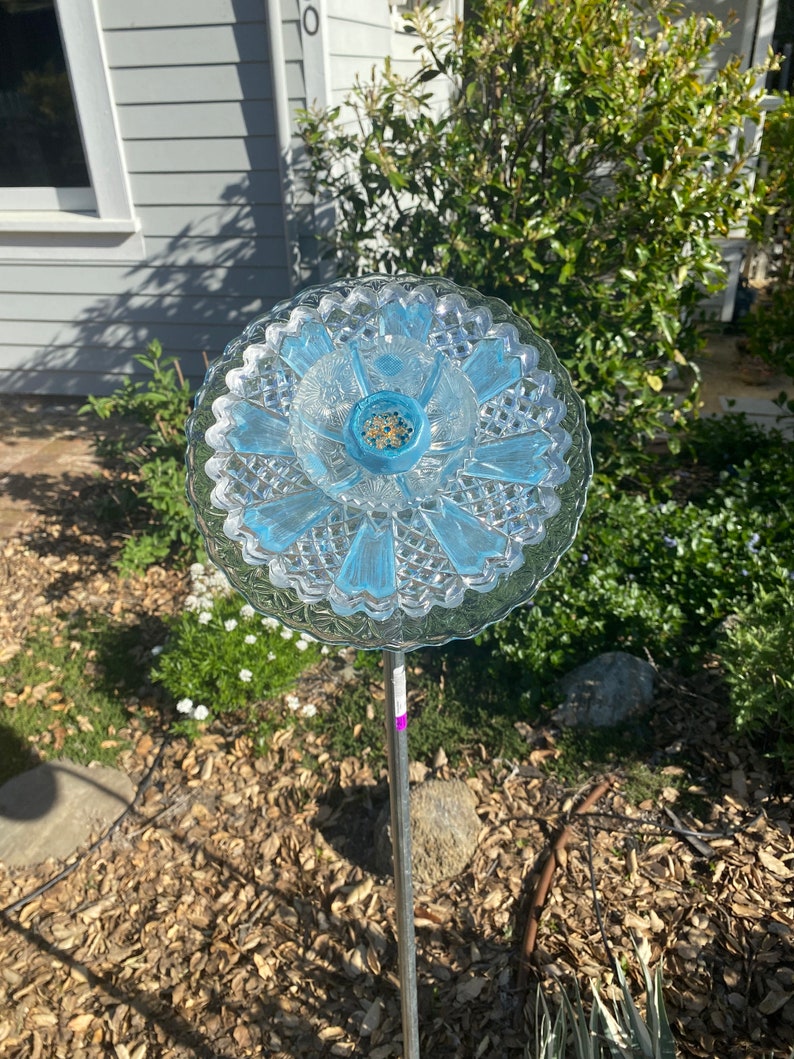 Yard Art, Glass Flowers, Outdoor Decor, Glass Garden Art, Glass Plate ...