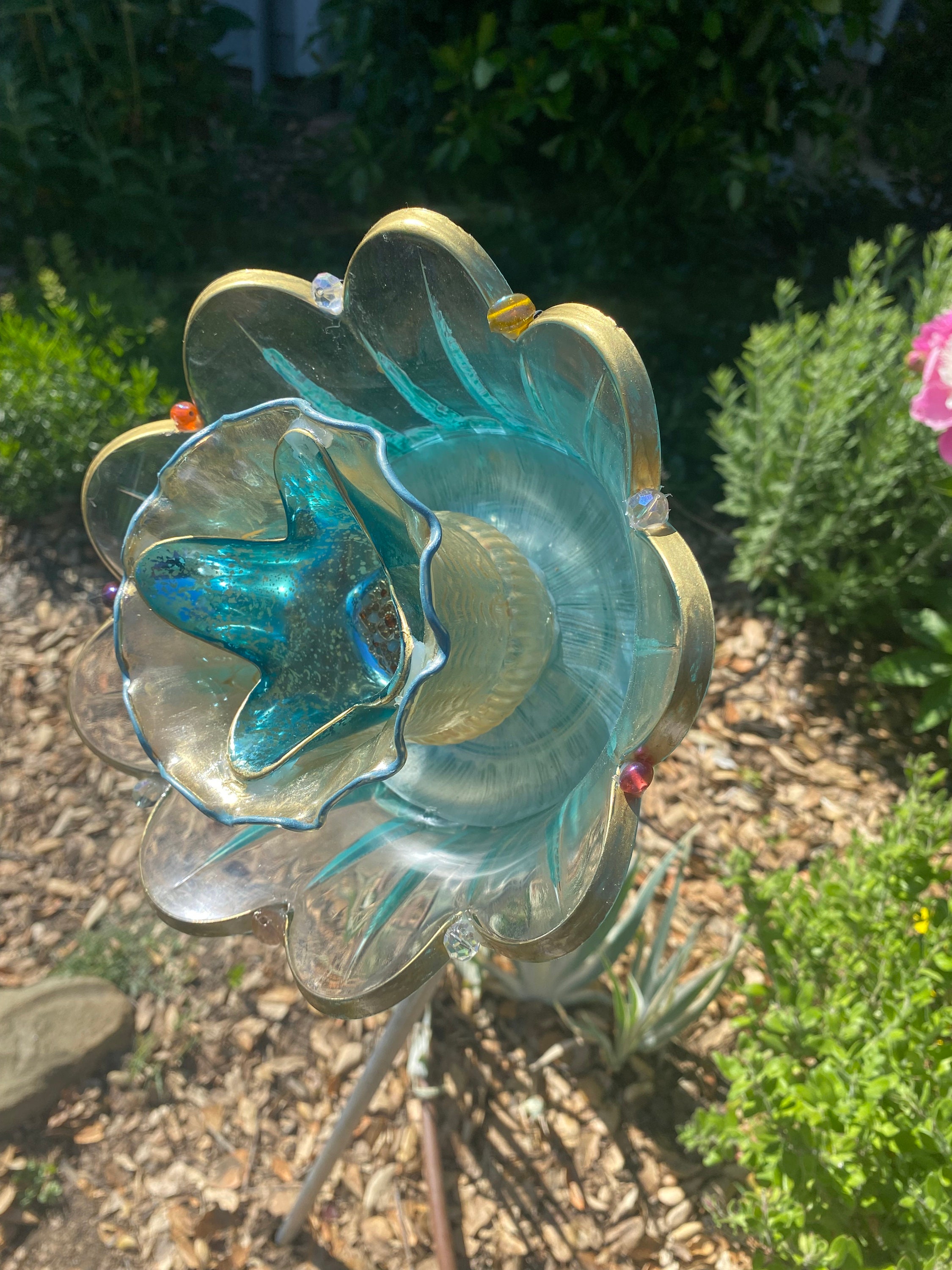 Yard Art, Glass Flowers, Outdoor Decor, Glass Garden Art, Glass Plate ...