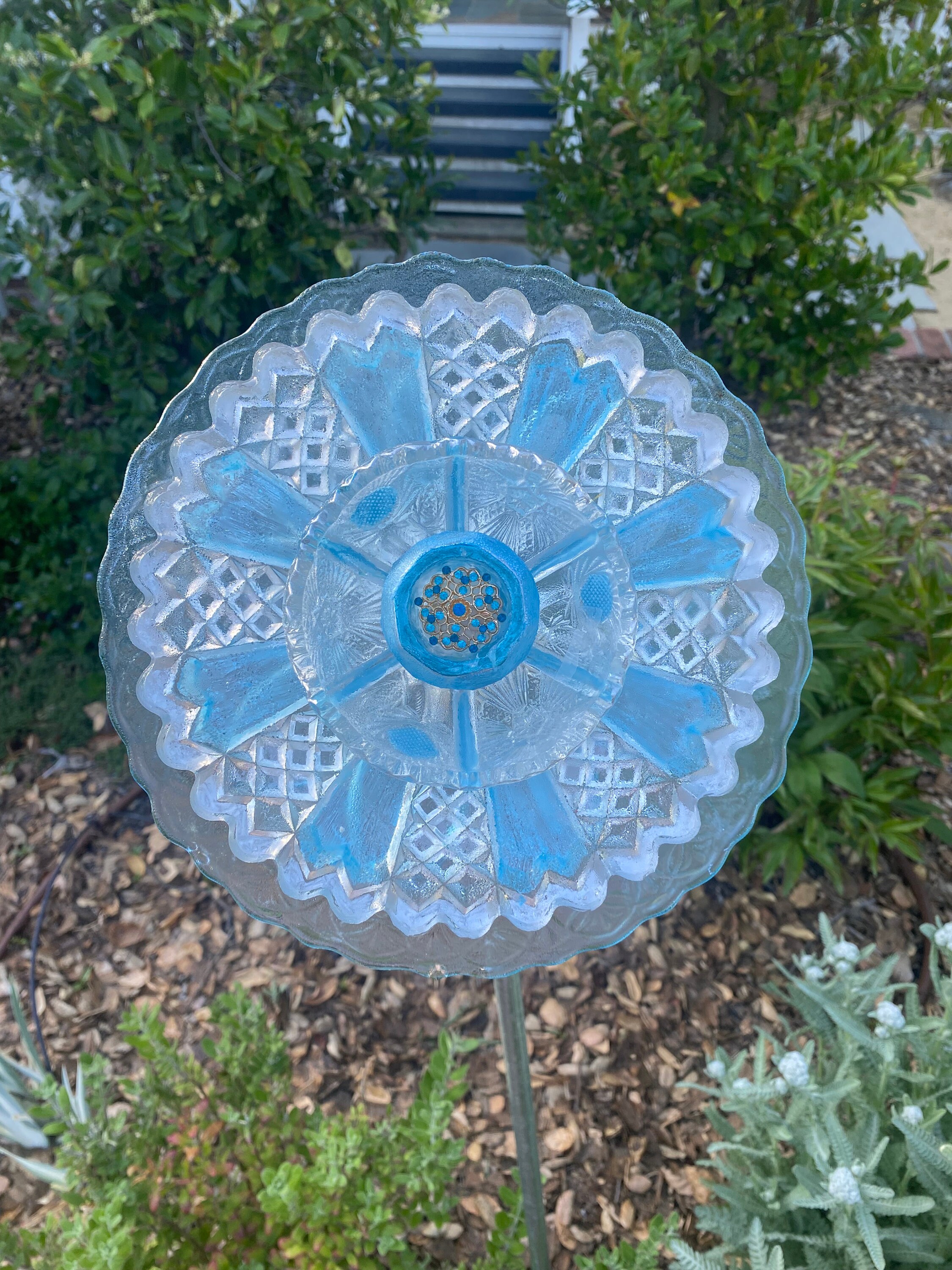 Yard Art, Glass Flowers, Outdoor Decor, Glass Garden Art, Glass Plate ...