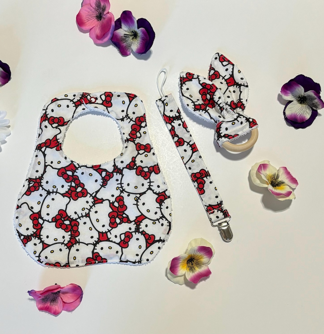 Hello Kitty Baby Bibs, Pacifier Clip, & Teething Ring Set Perfect Gift ...