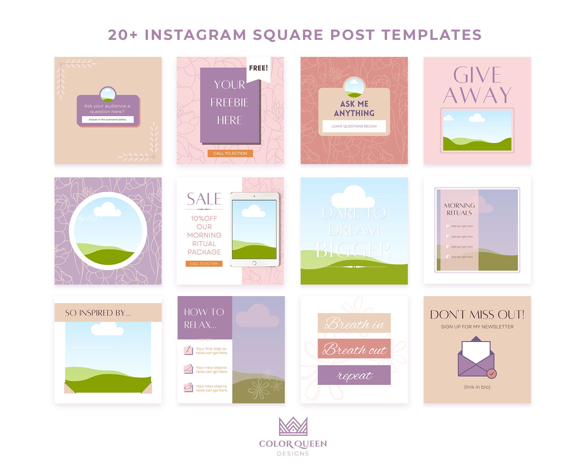 Calm Instagram Square Post Canva Template Kit, Calming, Encouraging ...