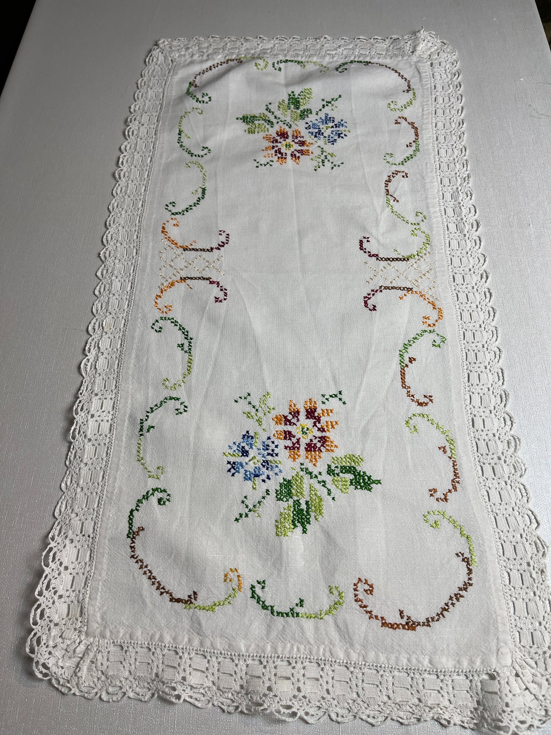 Vintage Hand Embroidered Table Runner From Sweden. With Hand Crocheted ...