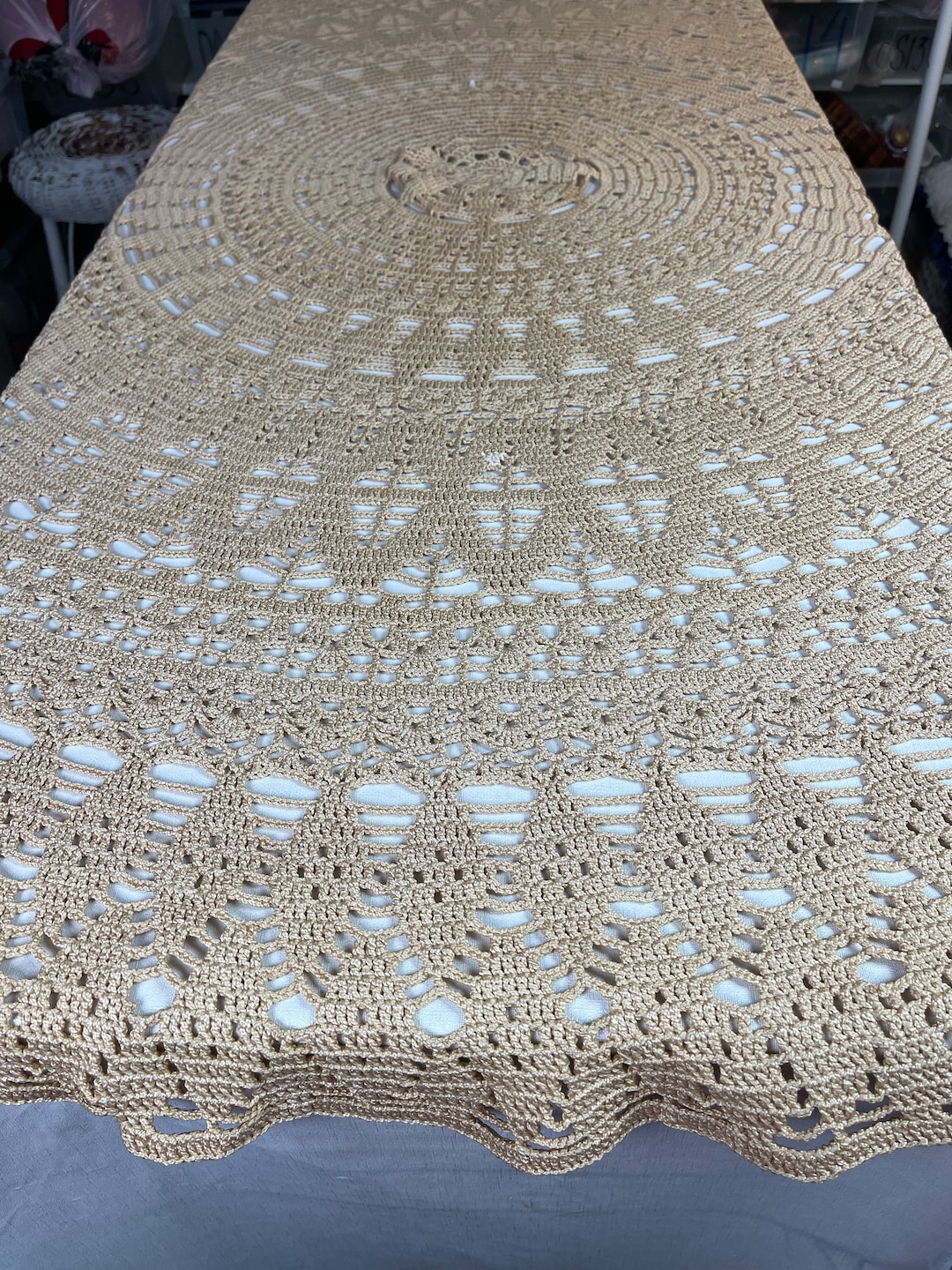 Hand Crocheted Larger Round Beige Table Cloth, Crocheted in Sweden - Etsy