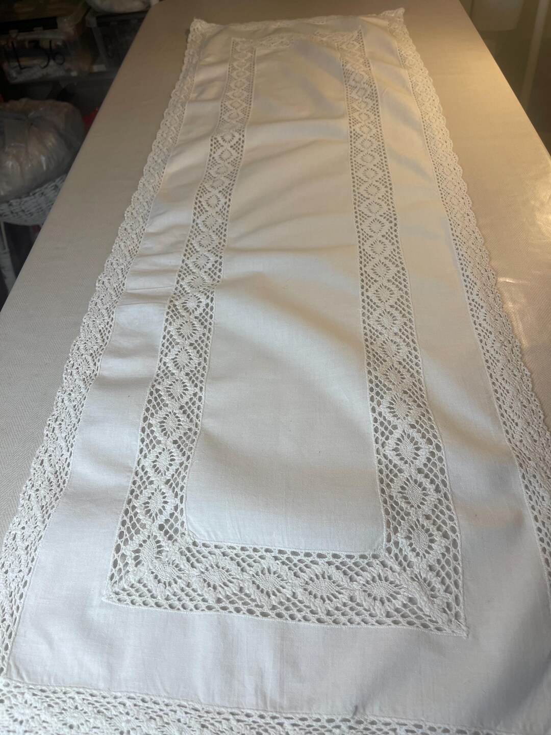 A Very Beautiful and Fine Runner With Hand Crocheted Lace All Around ...