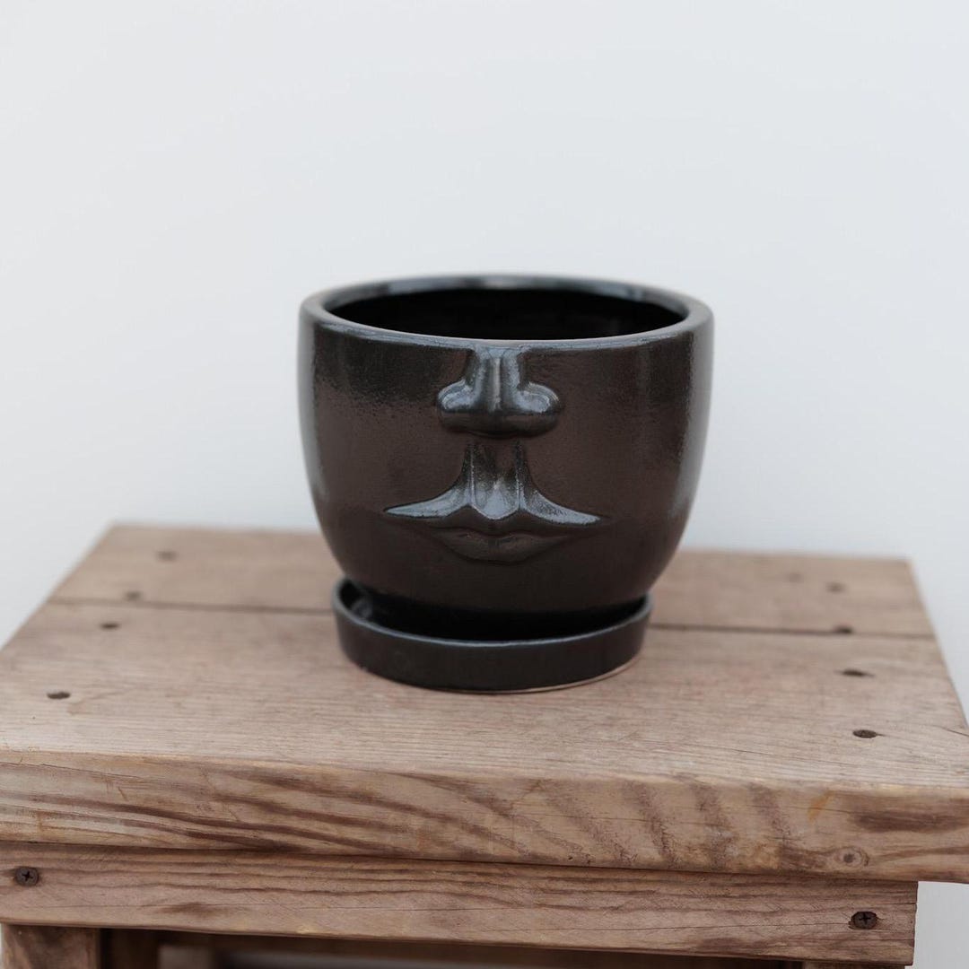 7" Face Planter • Black Ceramic Head Planter With Drainage and Saucer ...