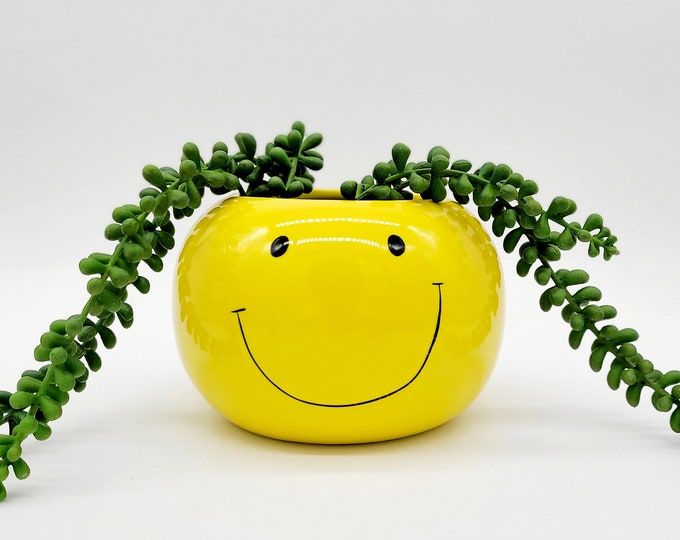 Smiley Face Pot W/lid | Teleflora Gift 1990's | Ceramic Yellow & Black ...