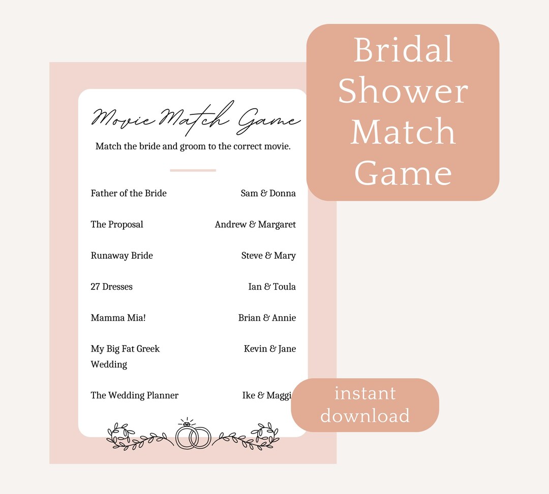 Bridal Shower Game Bride and Groom Wedding Romantic Comedy Match Game ...