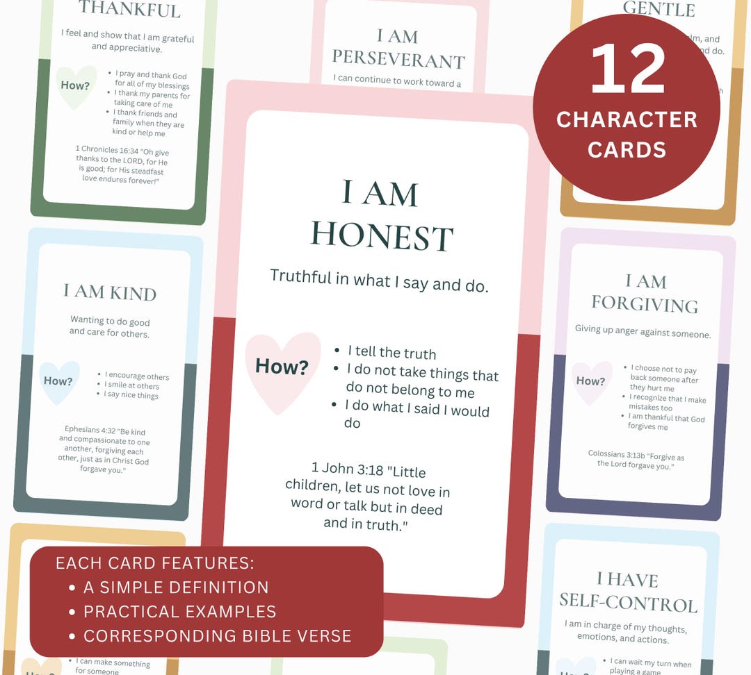 Christian Character Trait Cards for Kids Digital Dowload Preschool ...