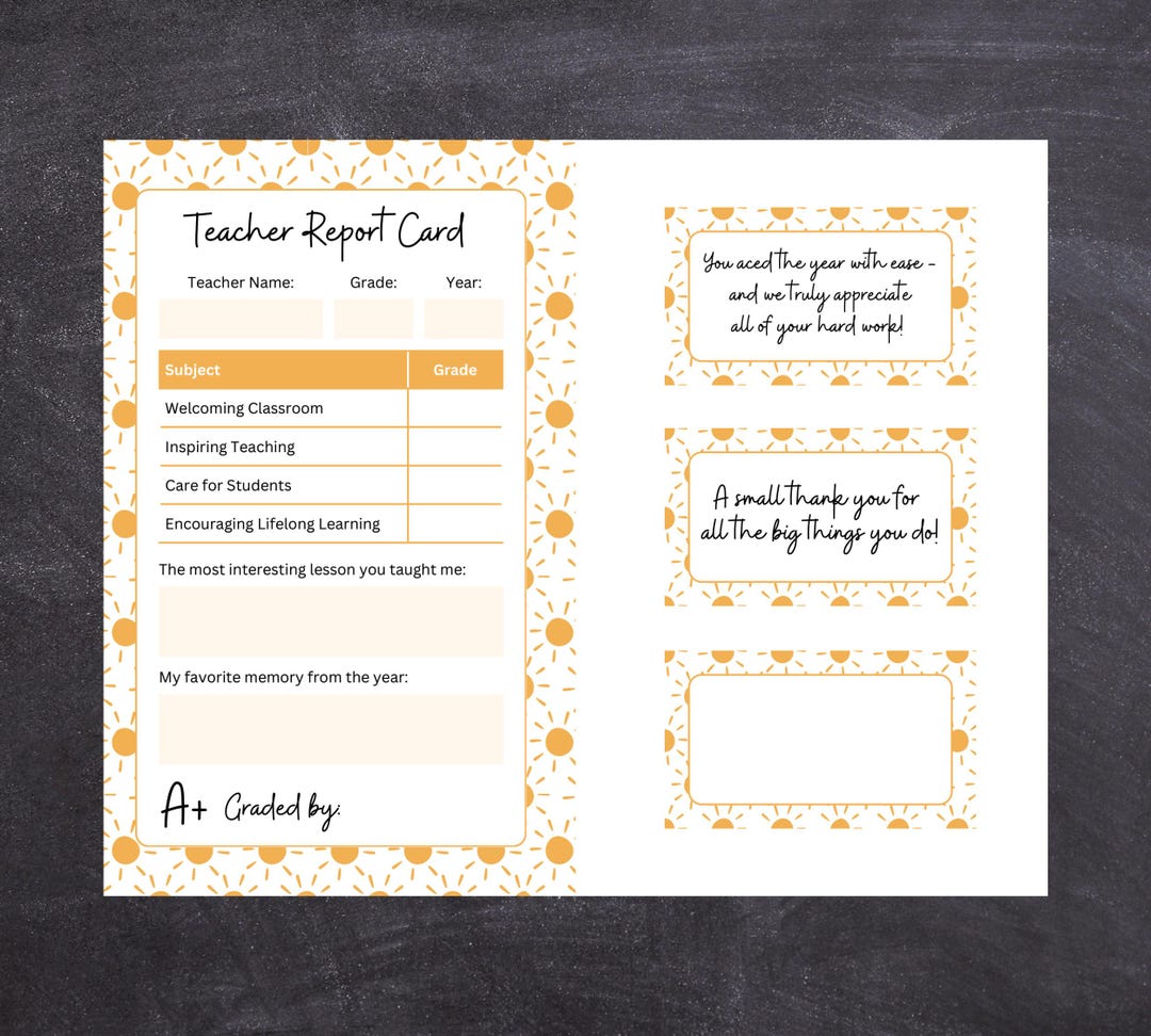 Teacher Report Card & Gift Tags: Printable Appreciation Gift (digital ...