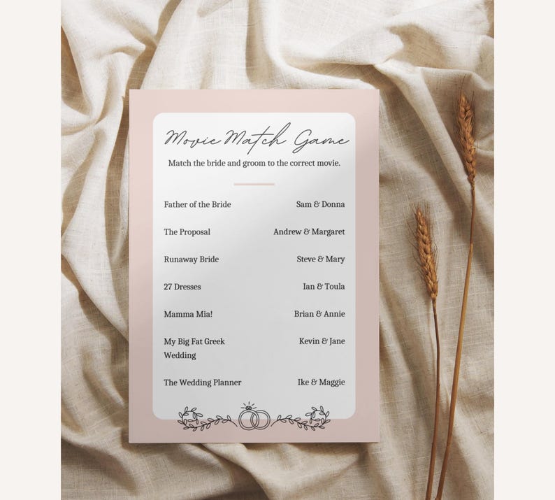 Bridal Shower Game Bride and Groom Wedding Romantic Comedy Match Game ...
