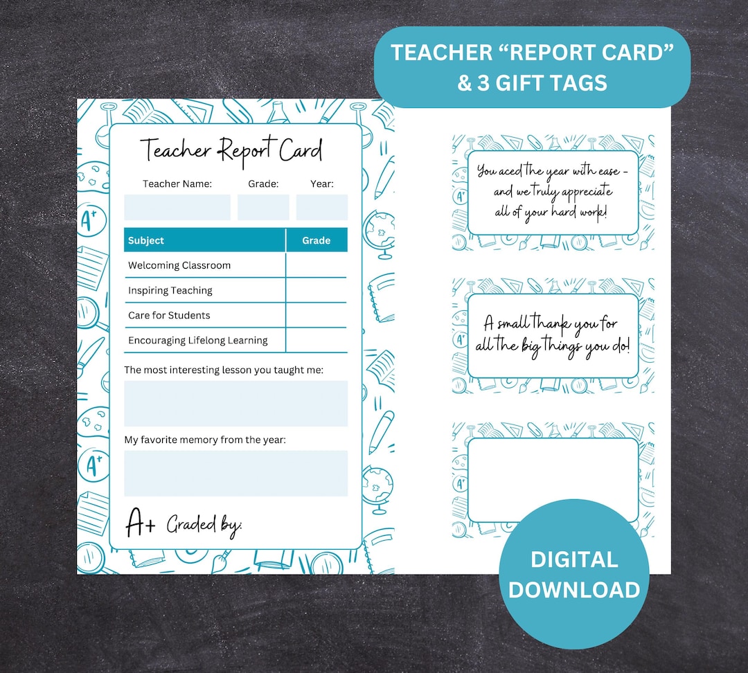 Teacher Thank You Report Card & Gift Tags: Unique Appreciation Gift ...