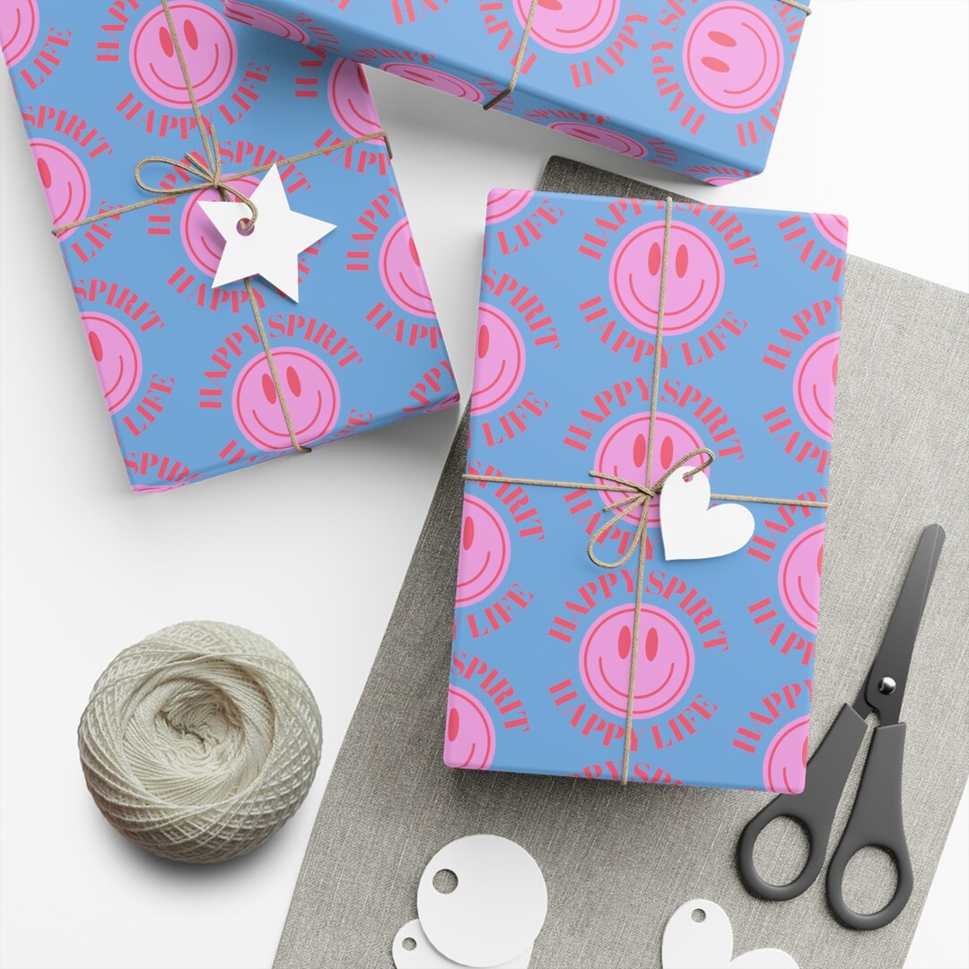 Pink and Blue Aesthetic Smile Face Gift Wrap Paper, Pink Smile Wrapping ...