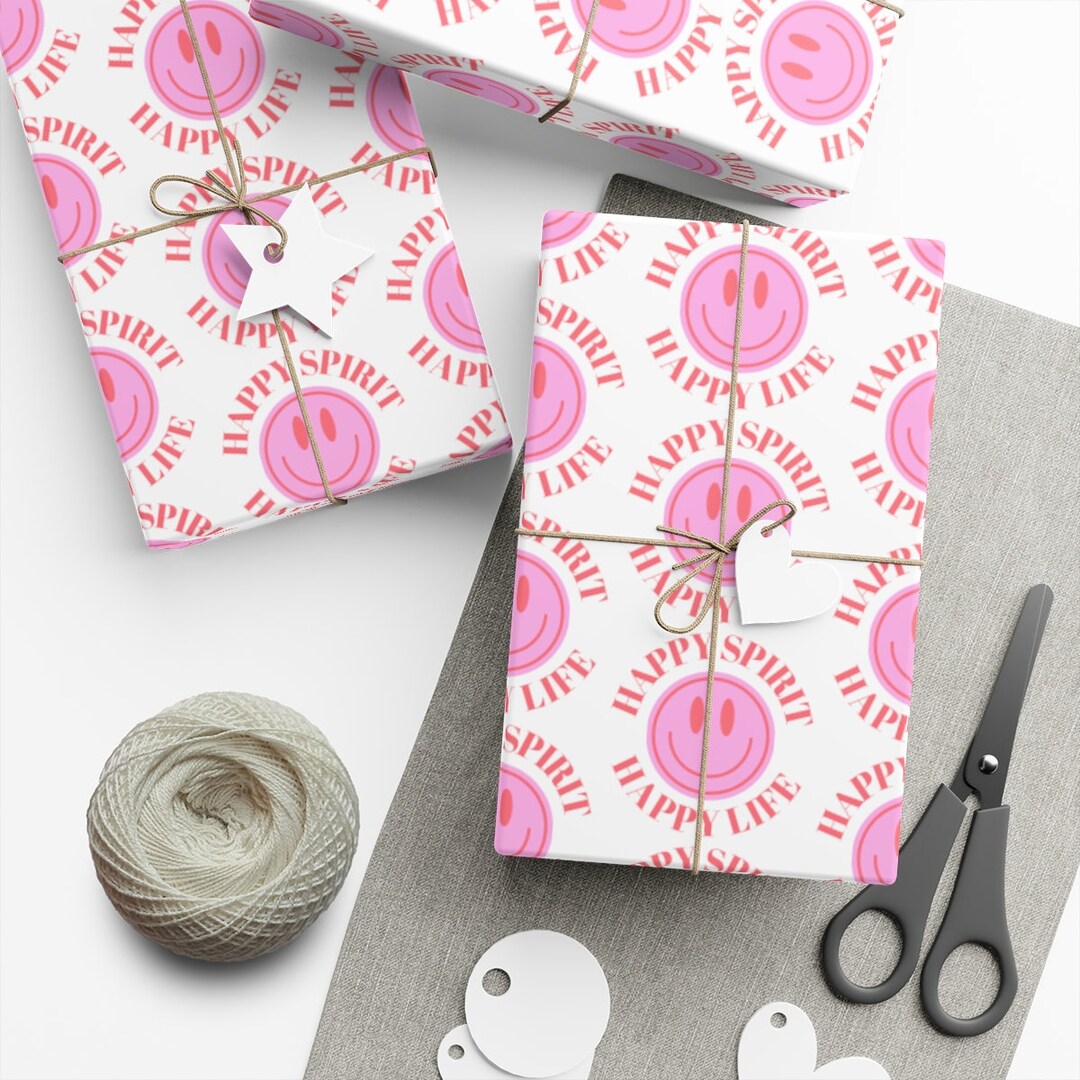 Pink Aesthetic Smile Face Gift Wrap Paper, Pink Smile Wrapping Paper ...