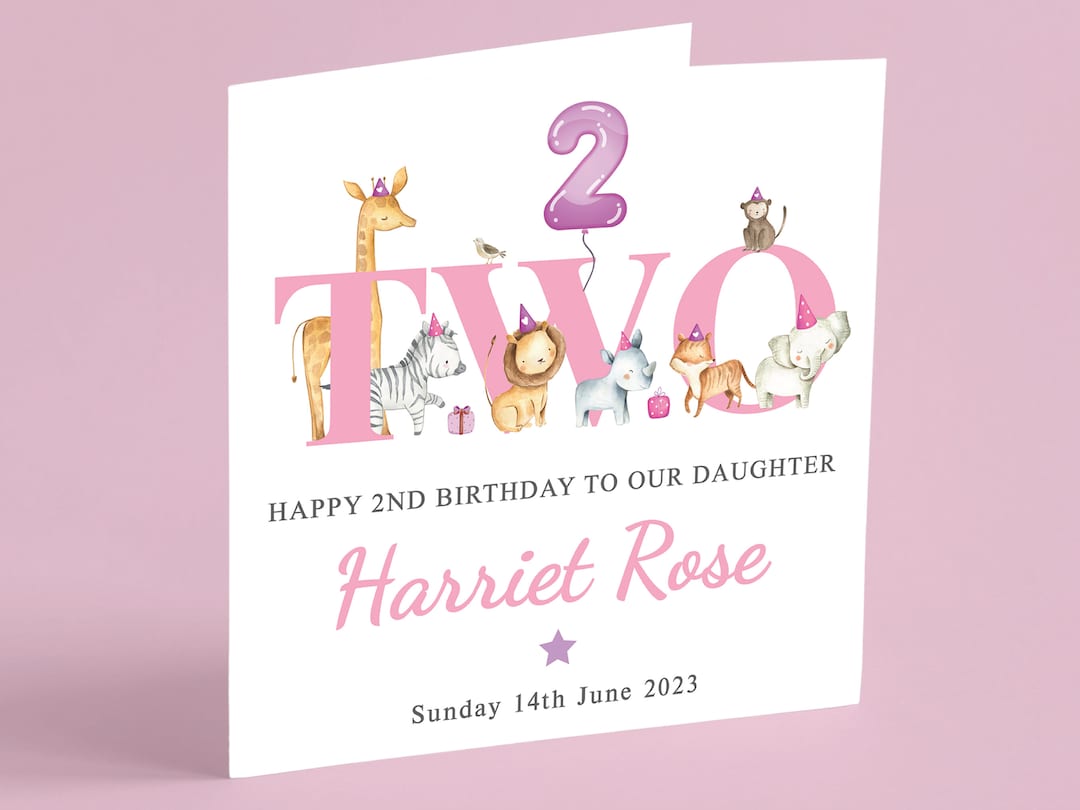 Girl 2nd Birthday Card, Personalised Girls Second Birthday Card, Safari ...