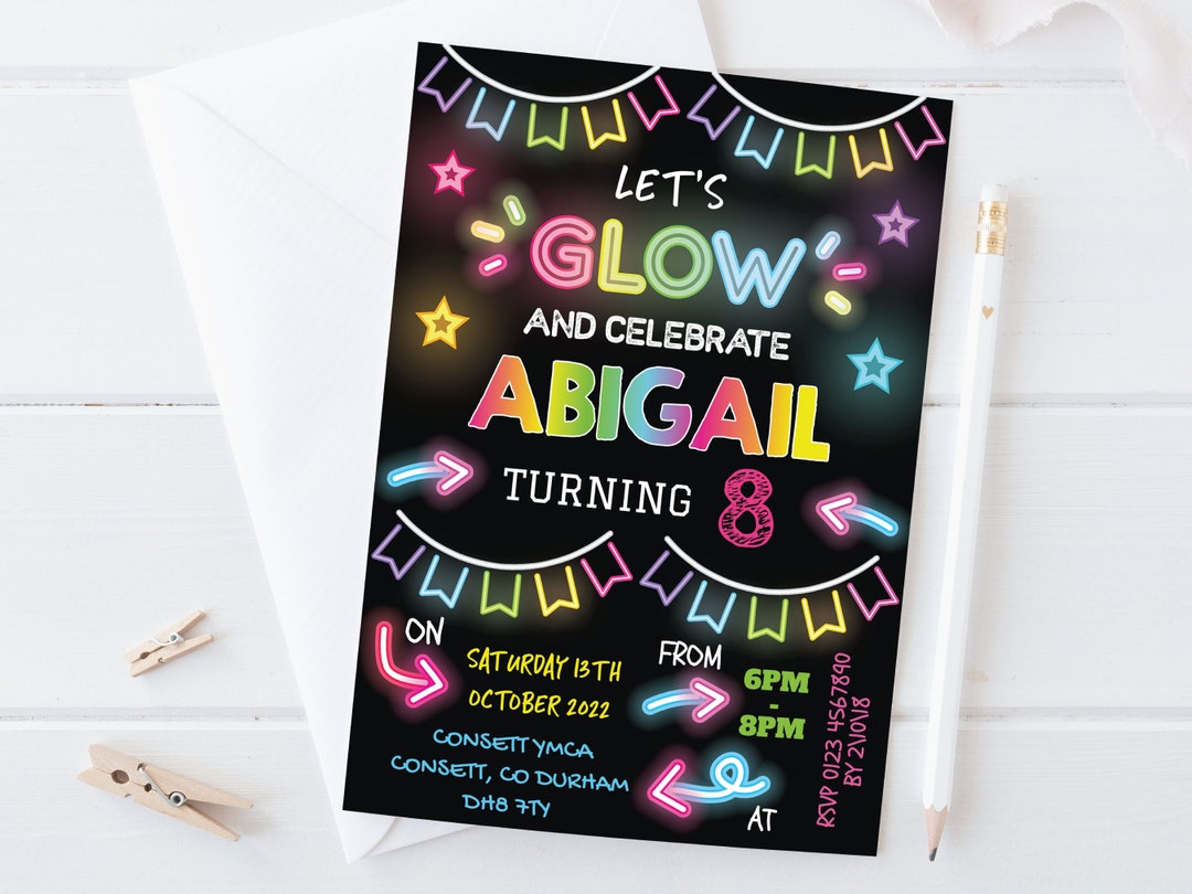 Personalised Neon Disco Party Invitations UV Glow Custom Invites Girl ...