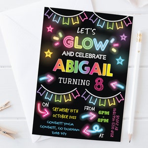 Personalised Neon Disco Party Invitations UV Glow Custom Invites Girl ...