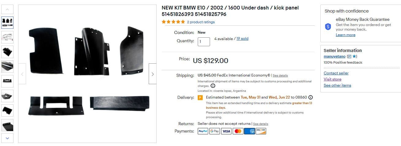 NEW Interior KIT BMW E10 / 2002 / 1602 / 1802 Under Dash / Kick Panel ...
