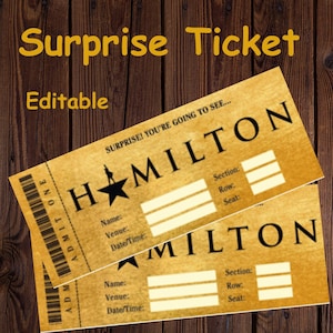 Printable HAMILTON Broadway Surprise Ticket. Editable Musical Theatre Faux Event Admission ...