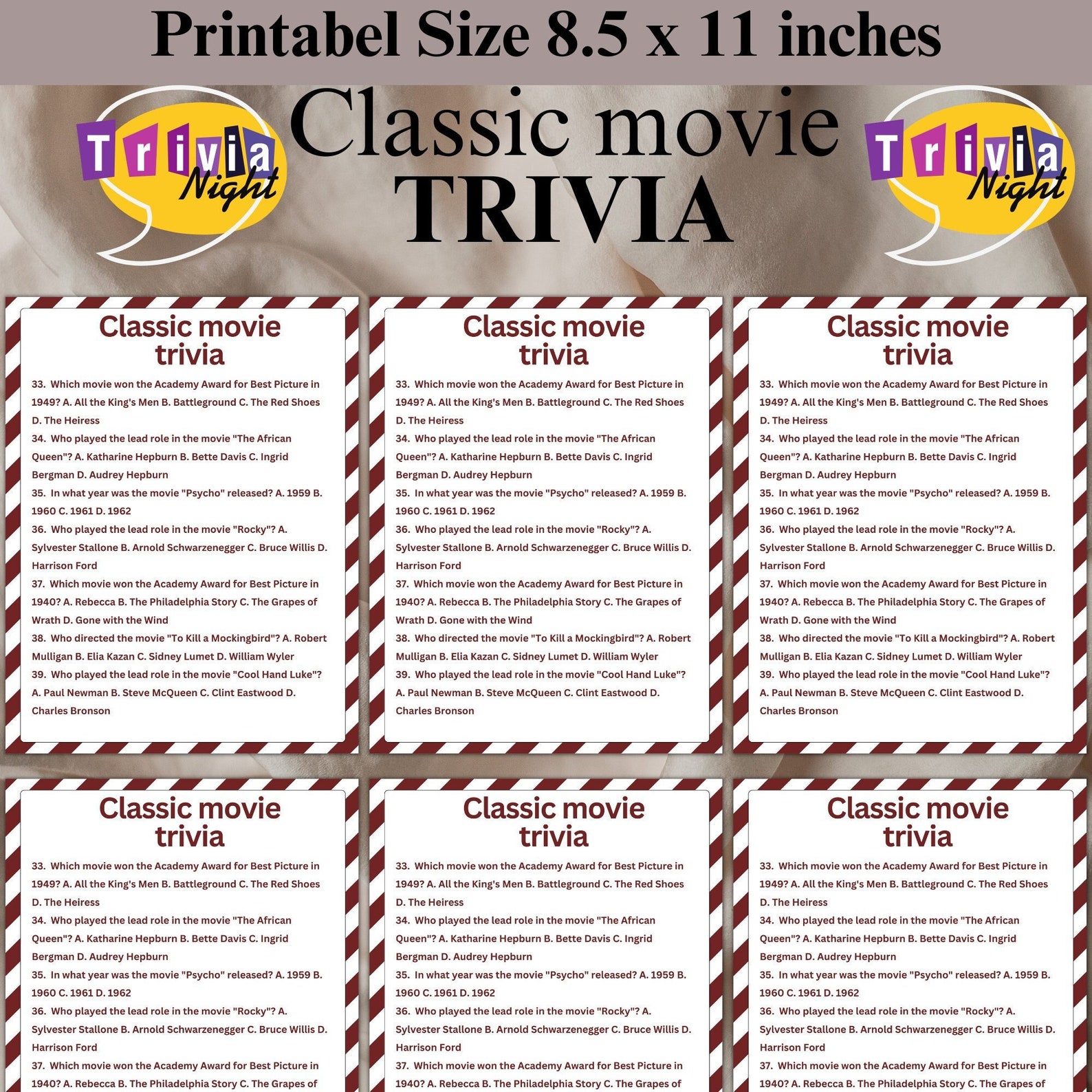 Classic Movie Trivia Game, Hollywood Golden Age (instant Download) - Etsy