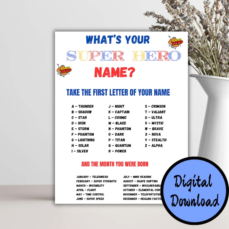 Whats Your Superhero Name Game Fun Party and Event Activity, Super Hero ...