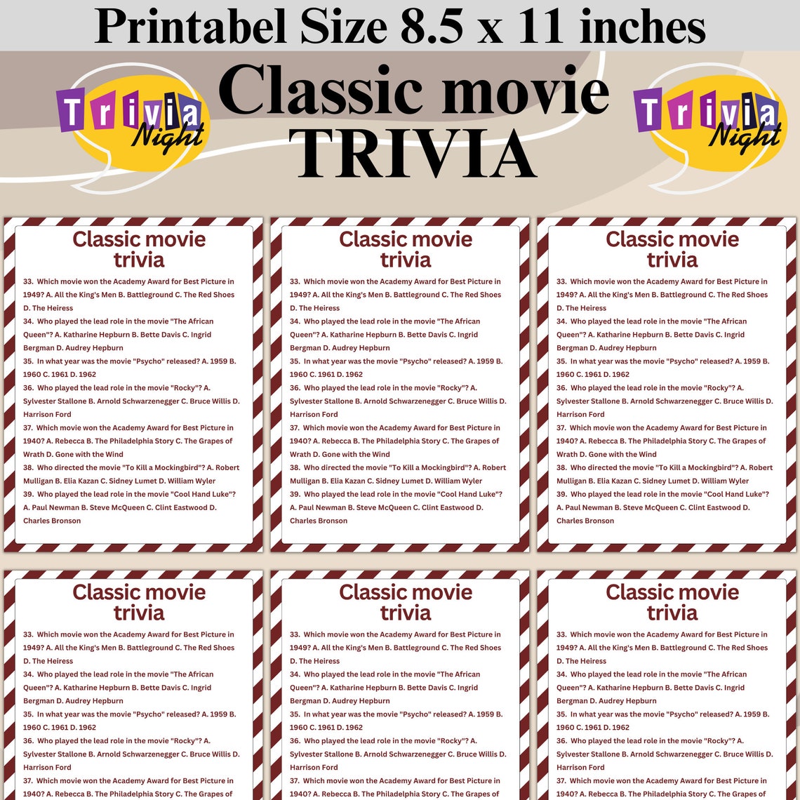 Classic Movie Trivia, Printable Classic Movie Trivia, Classic Movie ...