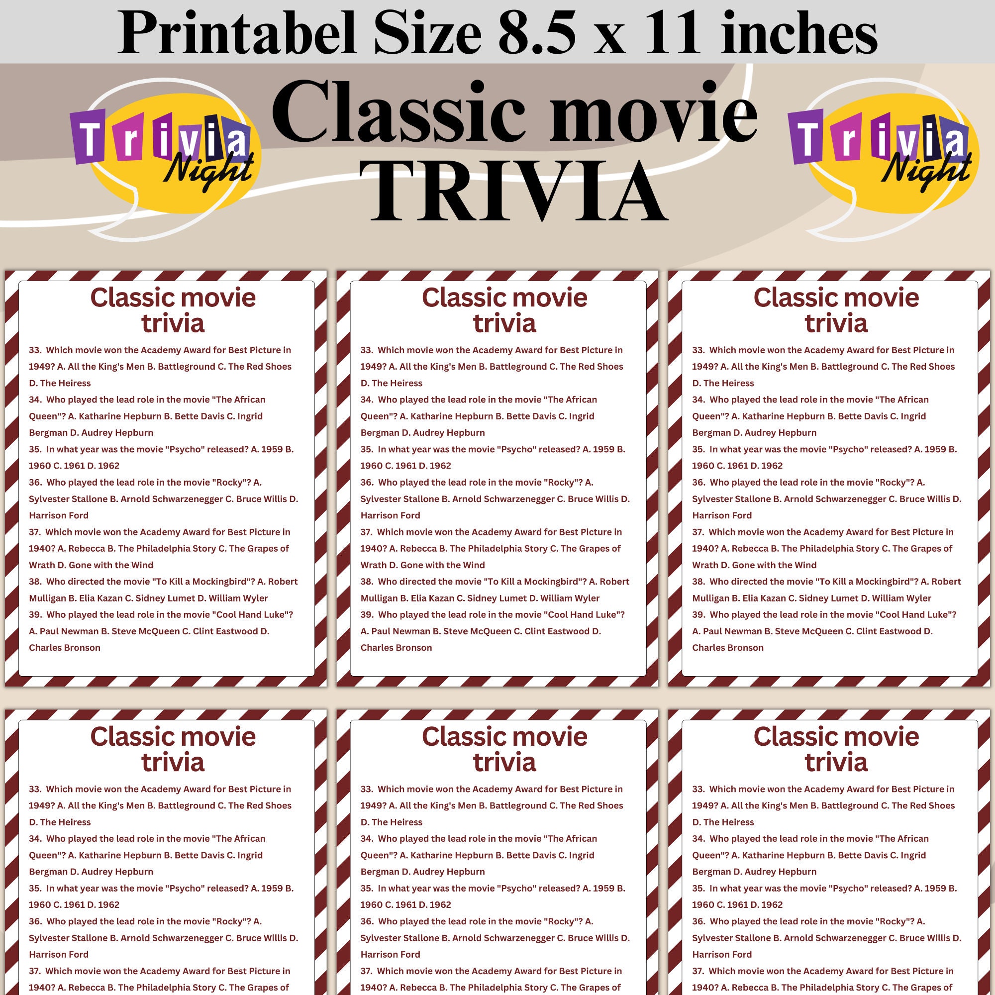 Classic Movie Trivia, Printable Classic Movie Trivia, Classic Movie ...
