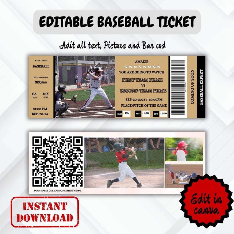 Editable Baseball Ticket Invitation Personalized Sports Event Ticket ...
