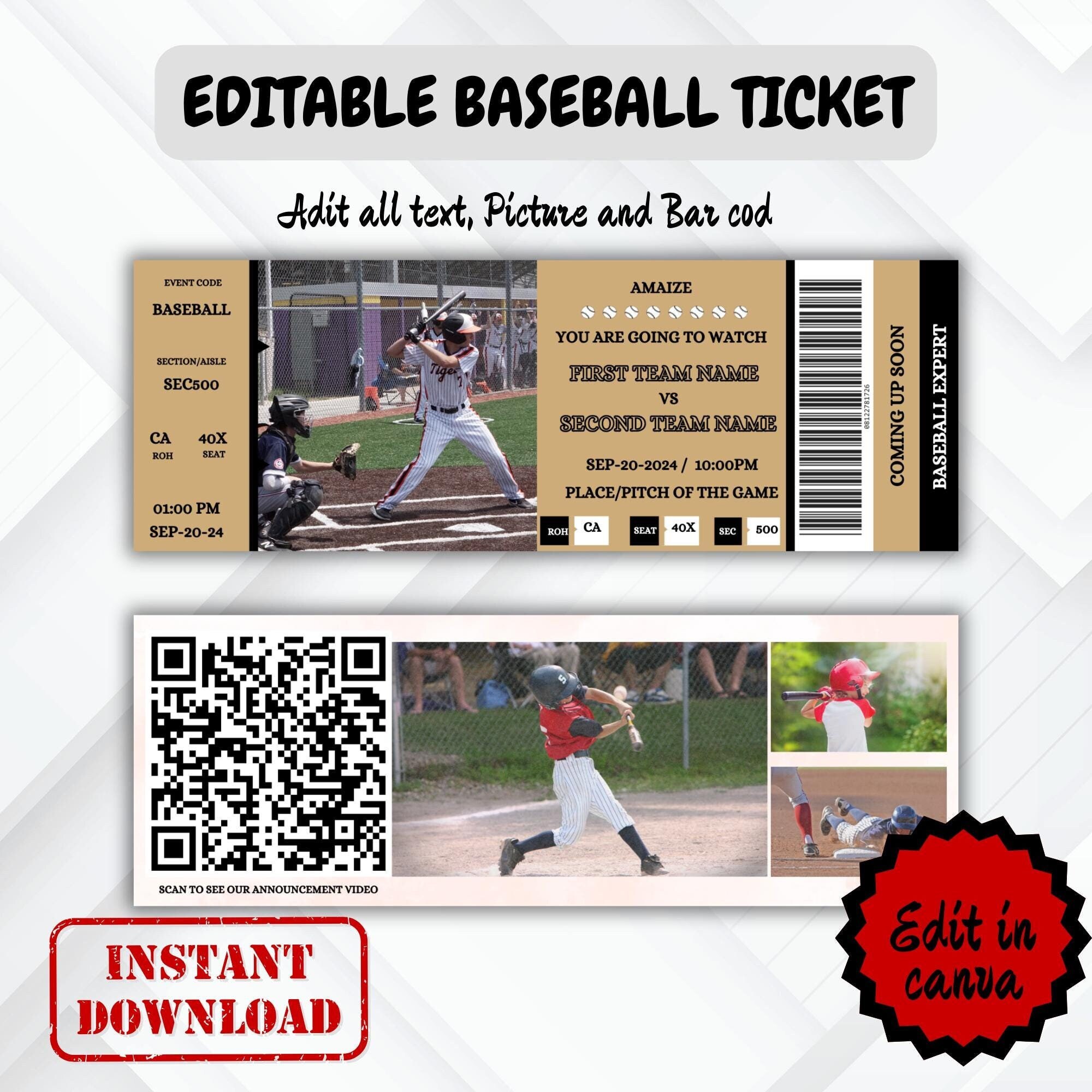 Editable Baseball Ticket Invitation Personalized Sports Event Ticket ...