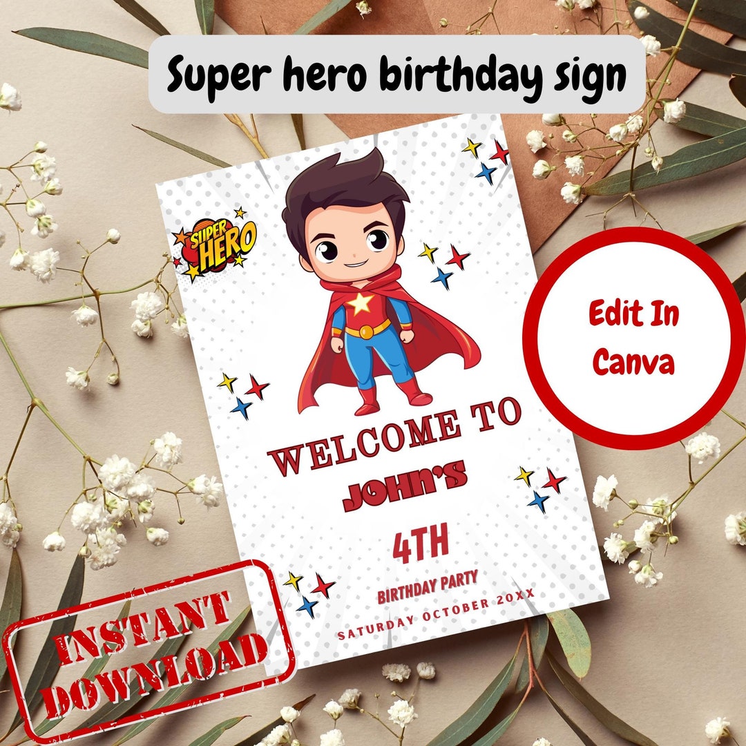 Personalized Superhero Birthday Sign – Editable Party Decor (digital ...