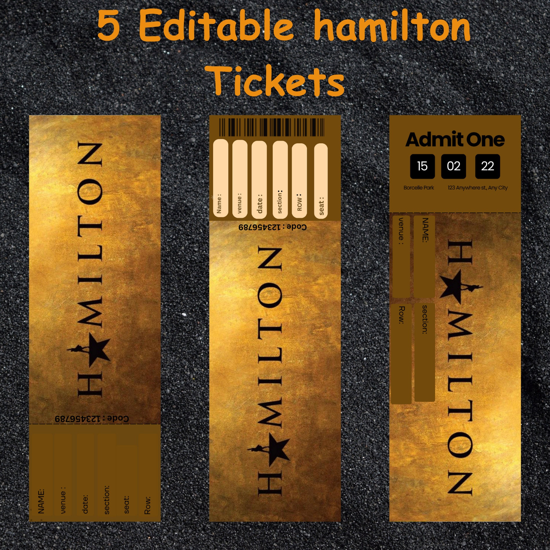 Set of 5 Printable HAMILTON Broadway Surprise Ticket. Editable Musical Theatre Faux Event ...