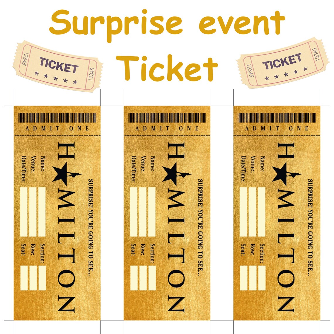 Printable HAMILTON Broadway Surprise Ticket. Editable Musical Theatre Faux Event Admission ...