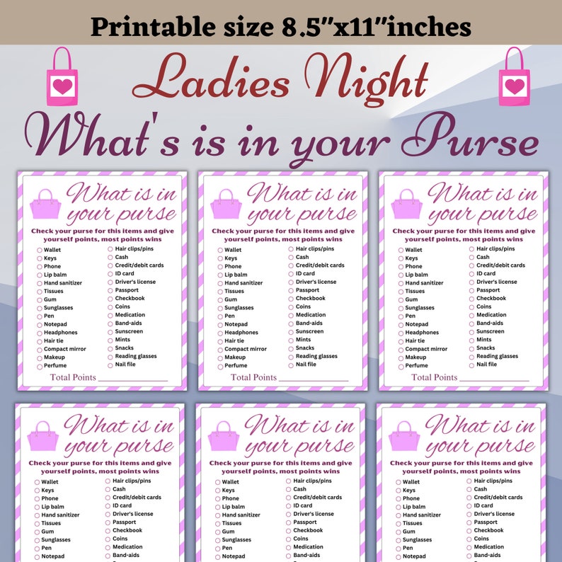 What's in Your Purse Game, Printable Bridal Shower Game, Minimalist ...