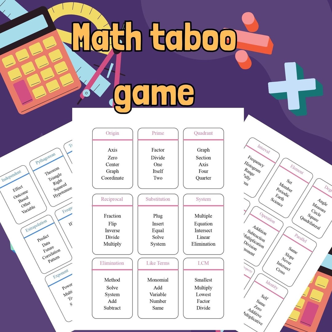 Printable Math Taboo Game,math Taboo Game, Instant Download,math Taboo ...