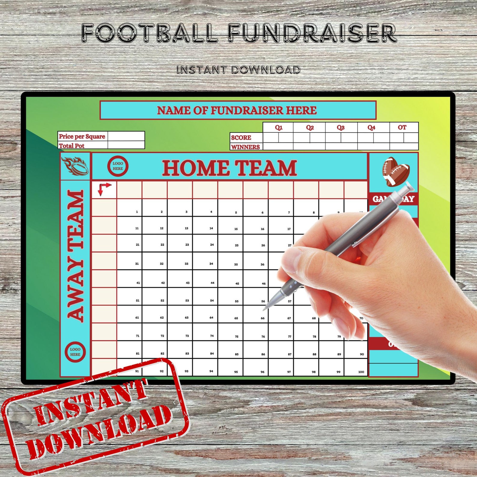 Editable Football Fundraiser Squares Template | Customizable ...