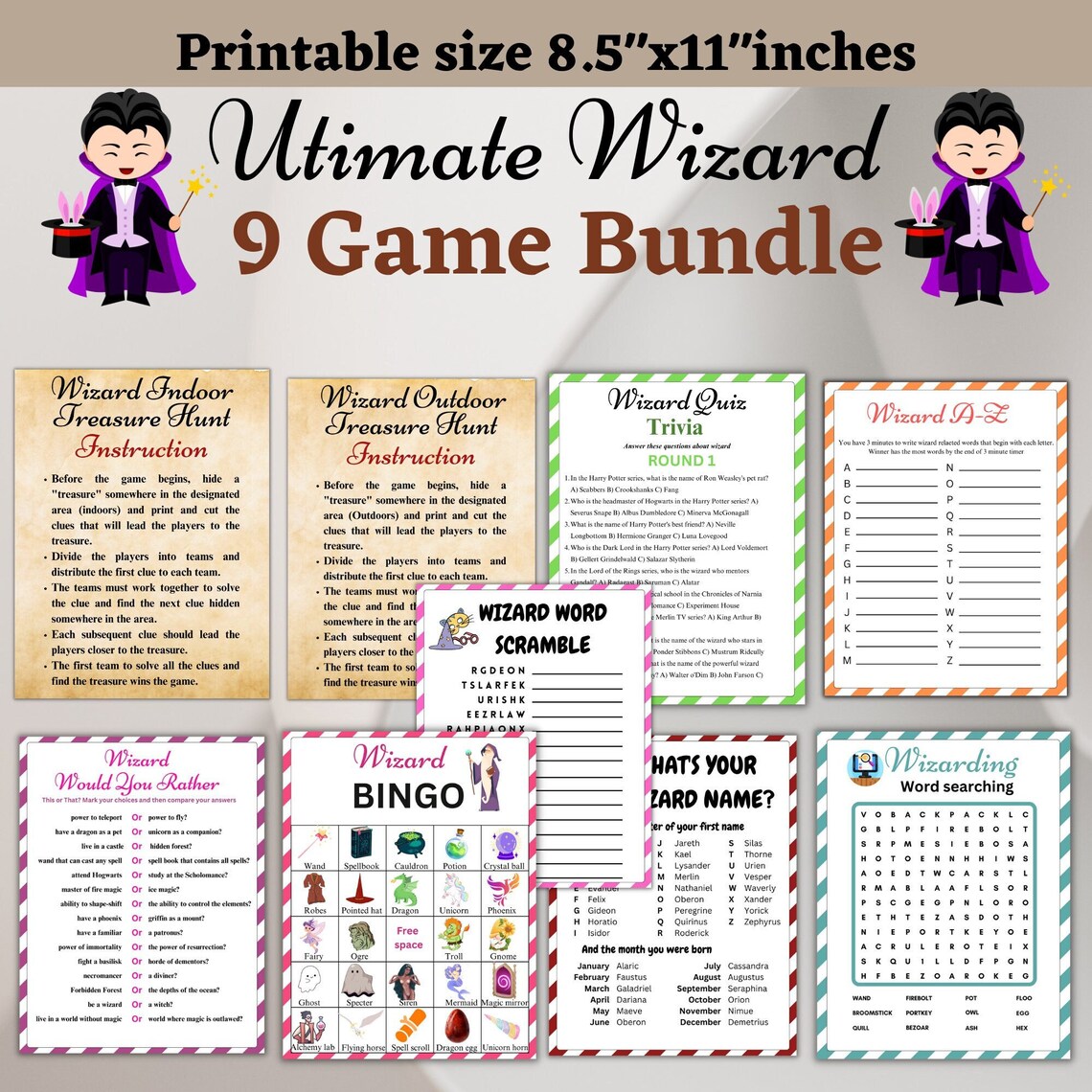 9 Wizard Party Games Bundle , Ultimate Wizard Bundle , 9 Magical Games ...