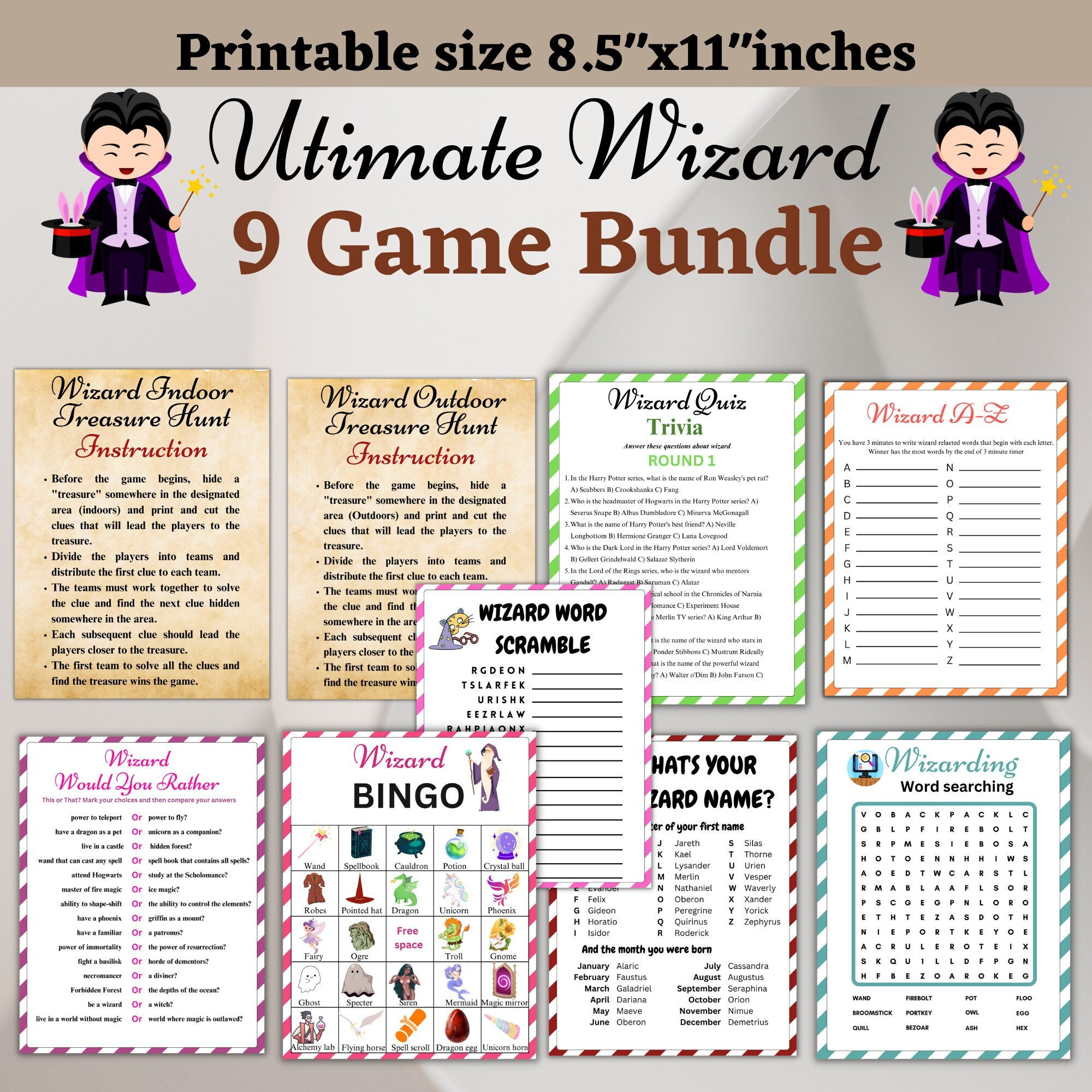 9 Wizard Party Games Bundle , Ultimate Wizard Bundle , 9 Magical Games ...