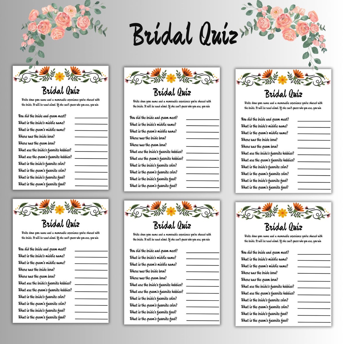 Floral Bridal Trivia Game, Fun Bridal Shower Quiz (printable) - Etsy
