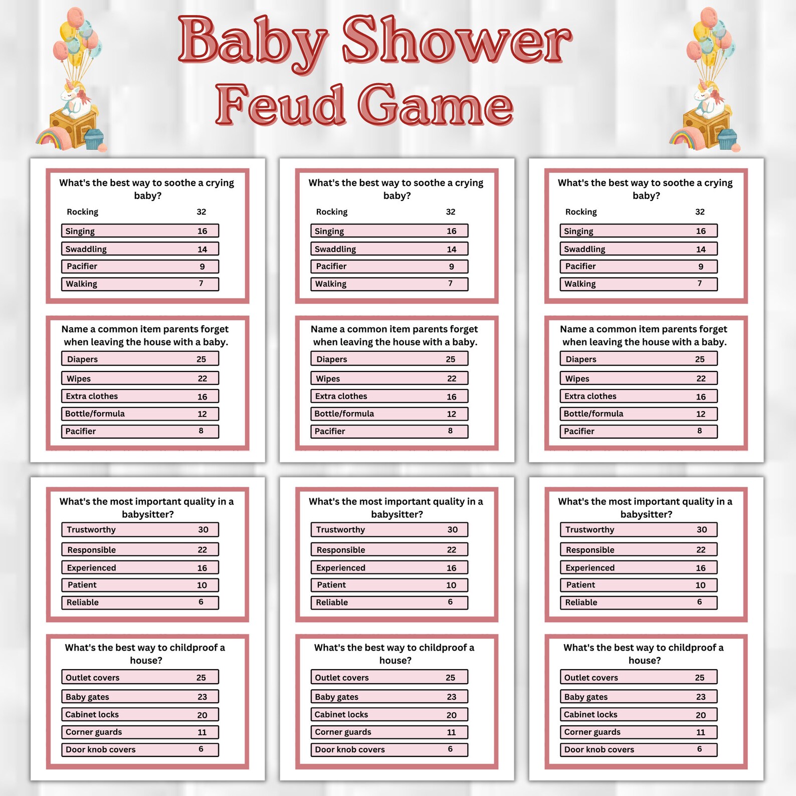 Baby Shower Feud Game | Printable Party Game (instant Download) - Etsy