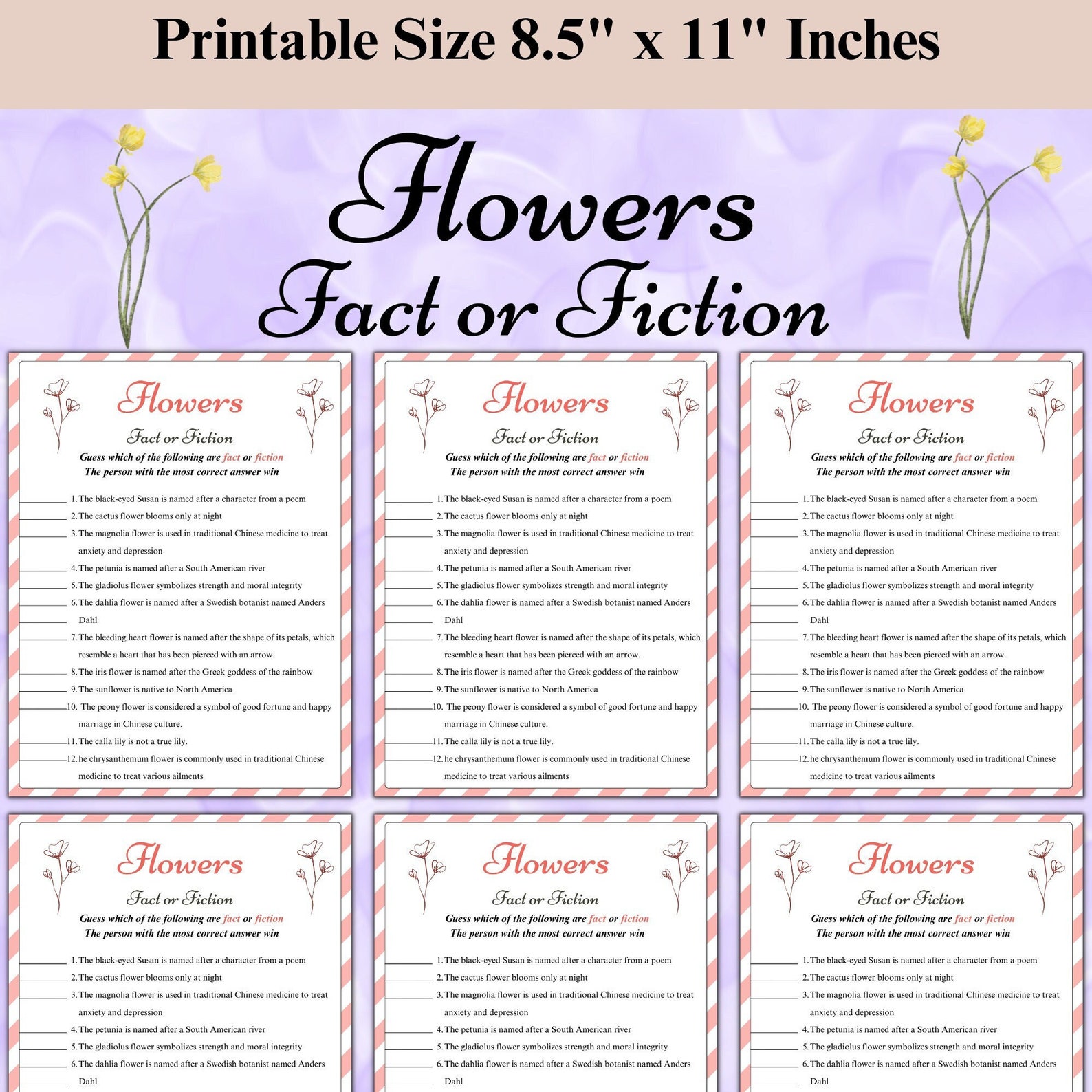 Spring Flower Fact or Fiction Game, Printable Trivia (instant Download ...