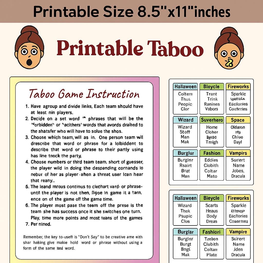 Printable Taboo Game, Taboo Game, Forbidden Words, Instant Download ...