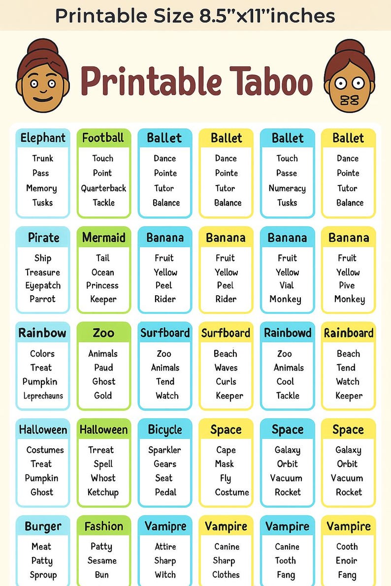 Printable Taboo Game, Taboo Game, Forbidden Words, Instant Download ...