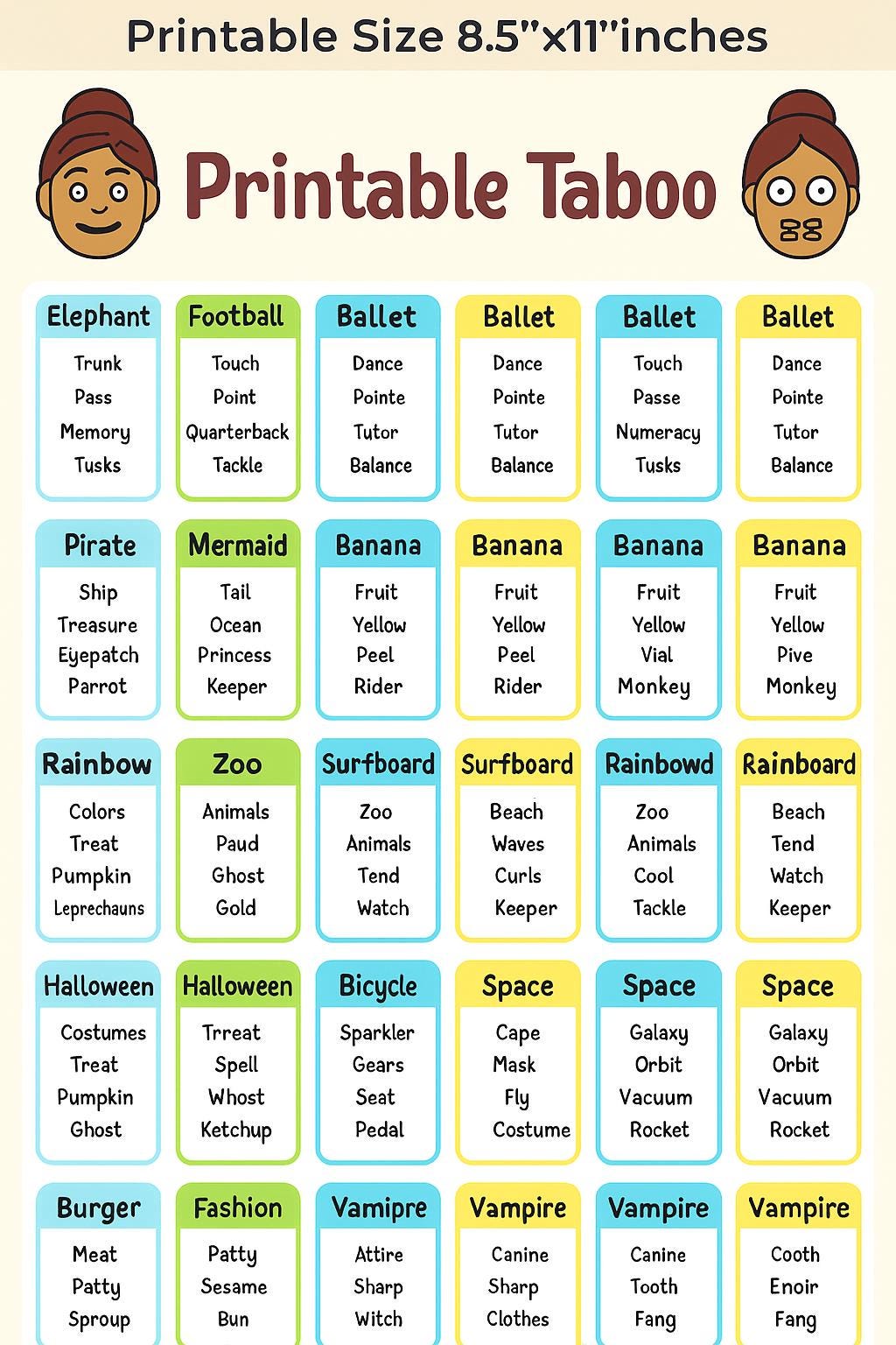 Printable Taboo Game, Taboo Game, Forbidden Words, Instant Download ...