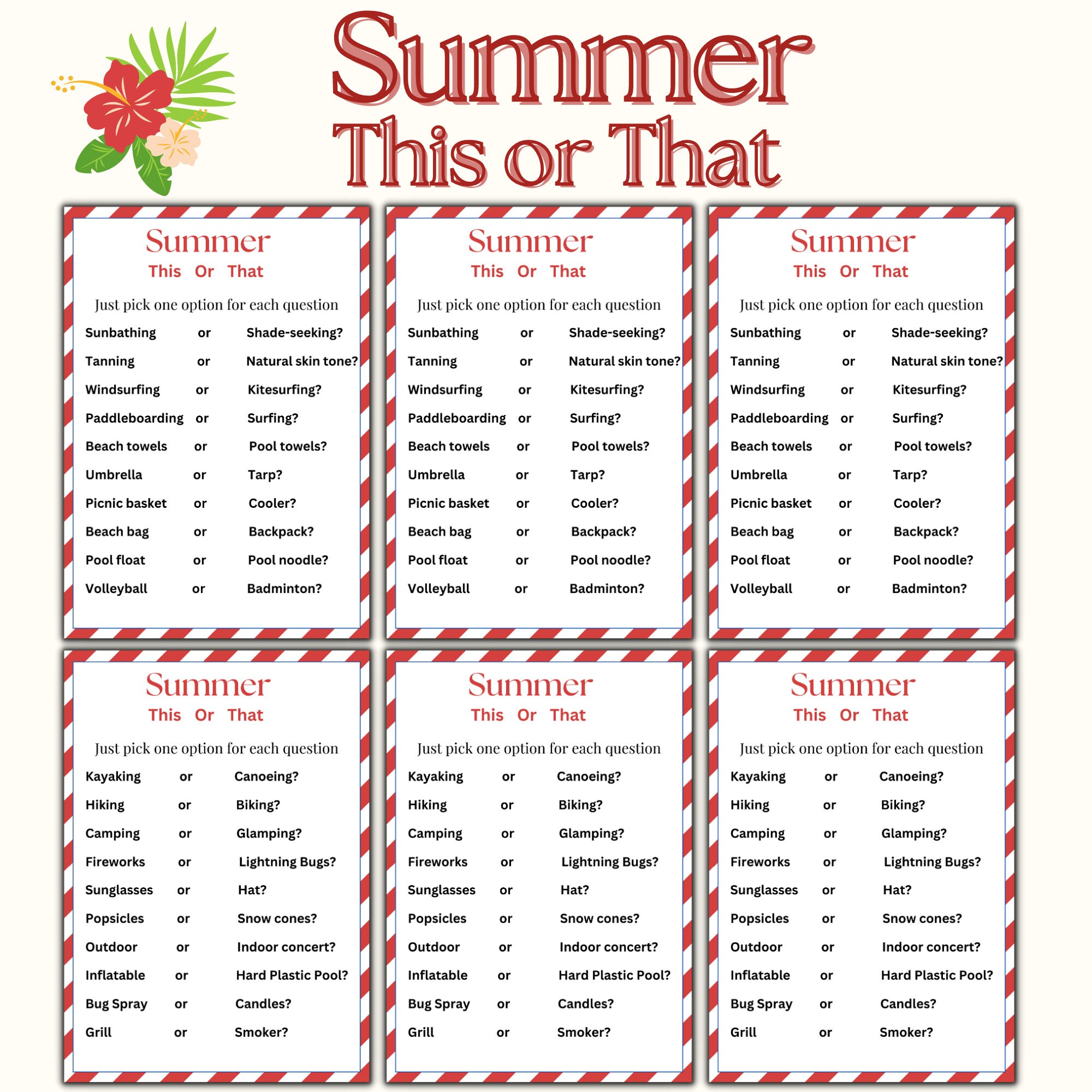Summer This or That Game, Summer Game, Printable Summer Game, Instant ...