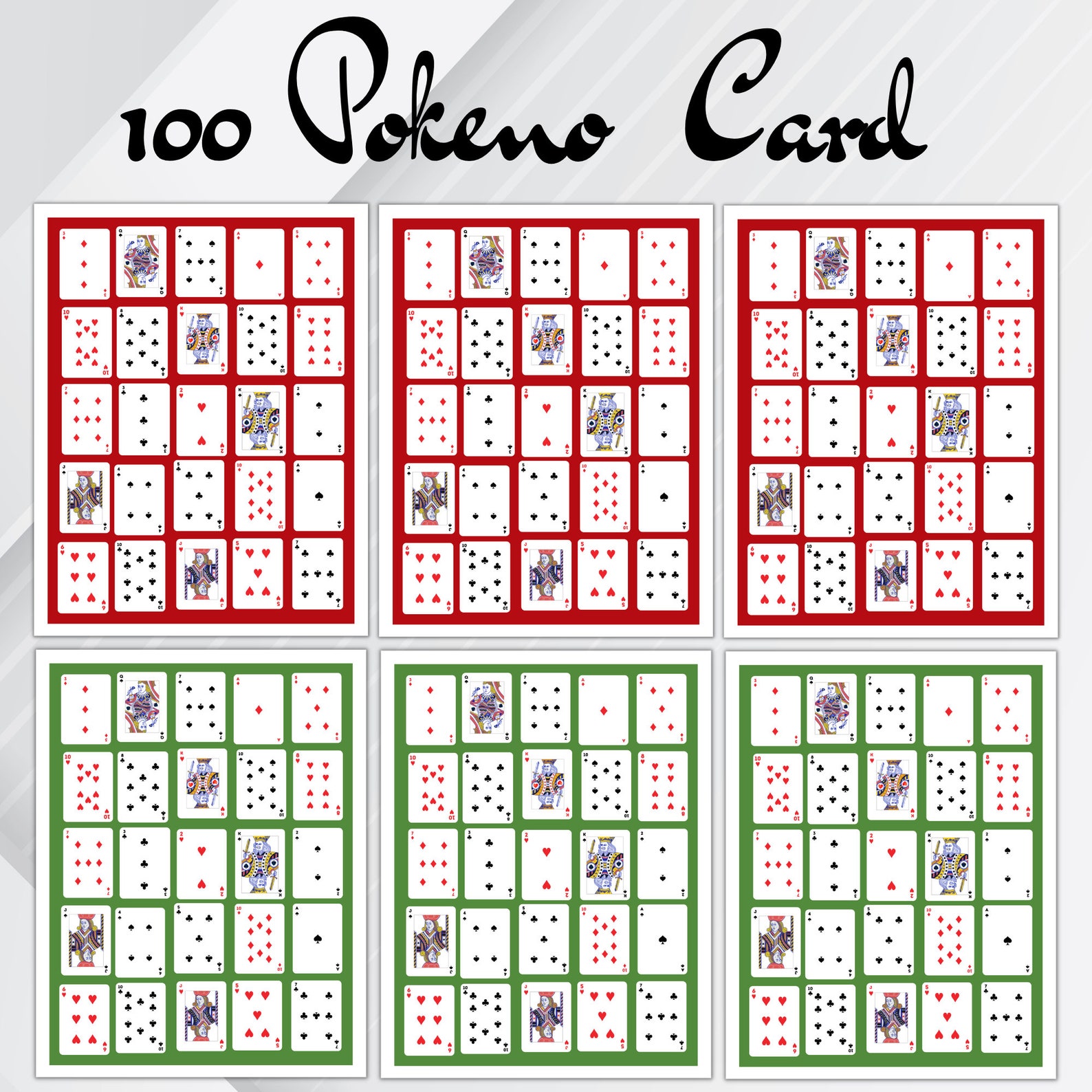 Printable Pokeno Card Game |100 Poker Keno Cards Set 1-4 Colors ...