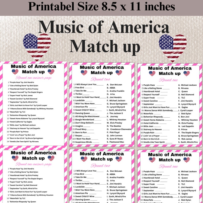 American Music Match Up, Printable American Music Match Up, American ...