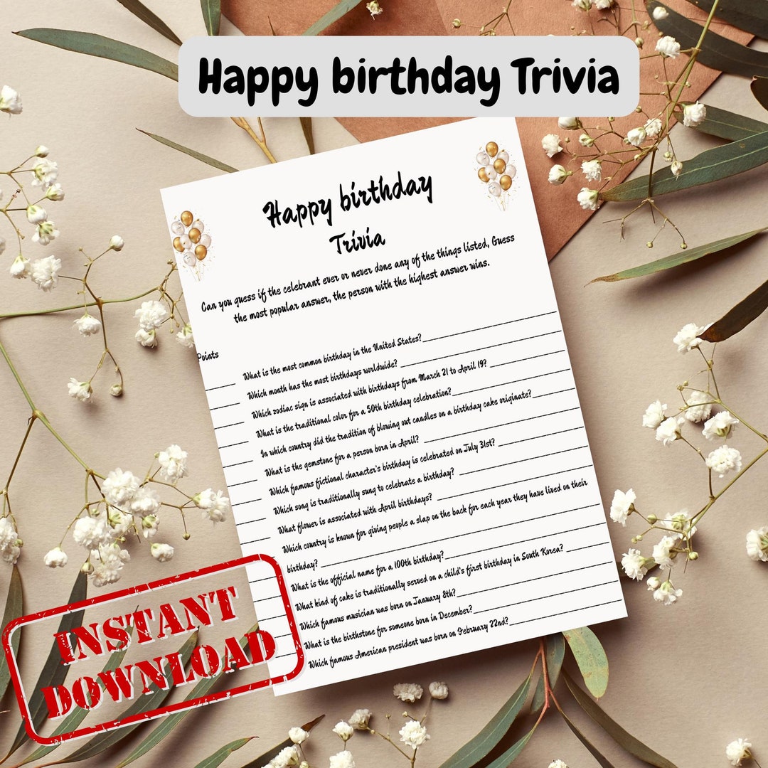 Printable Birthday Trivia Game | Fun Party Quiz | Birthday Trivia Game ...